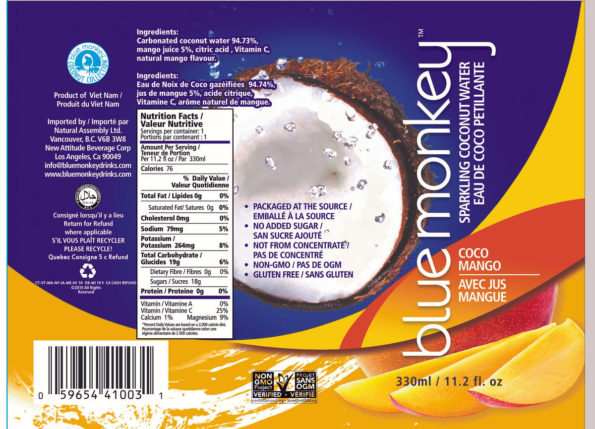 Sparkling Coconut Water with Mango 11.2oz/330ml - 12 pack – Blue Monkey ...